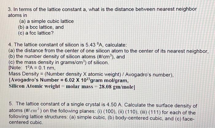 Solved 3. In terms of the lattice constant a, what is the | Chegg.com