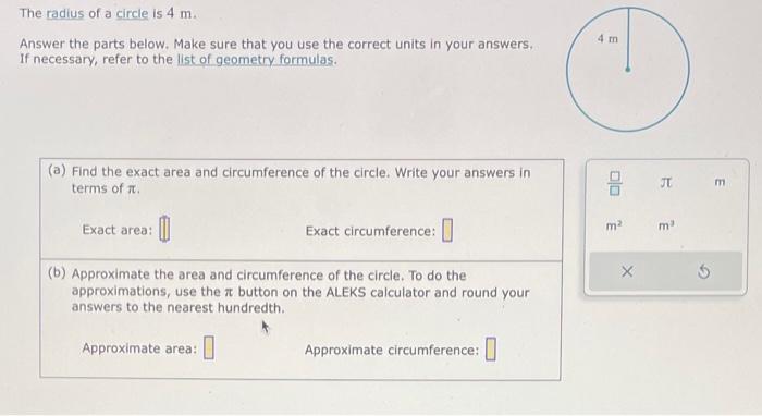 Solved The radius of a circle is 4 m. Answer the parts | Chegg.com