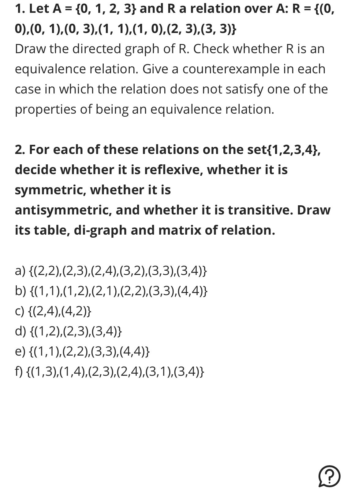 Solved Let A={0,1,2,3} ﻿and R ﻿a relation over , 0Draw the | Chegg.com