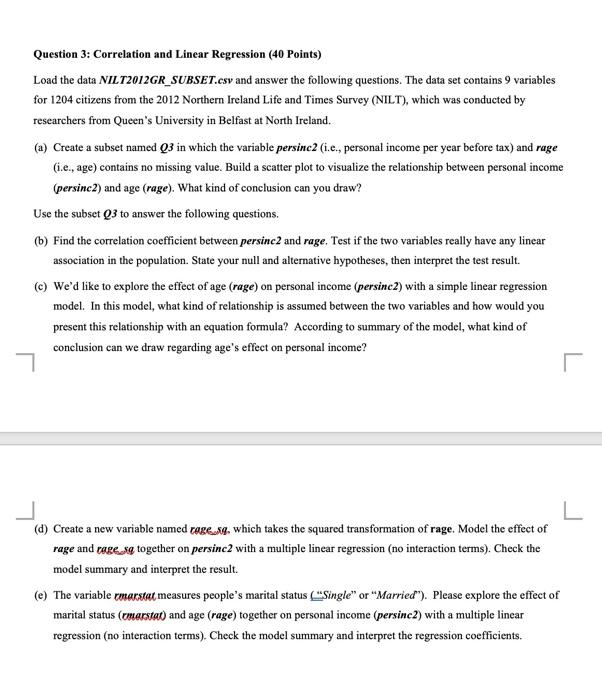 Question 3: Correlation and Linear Regression (40 | Chegg.com
