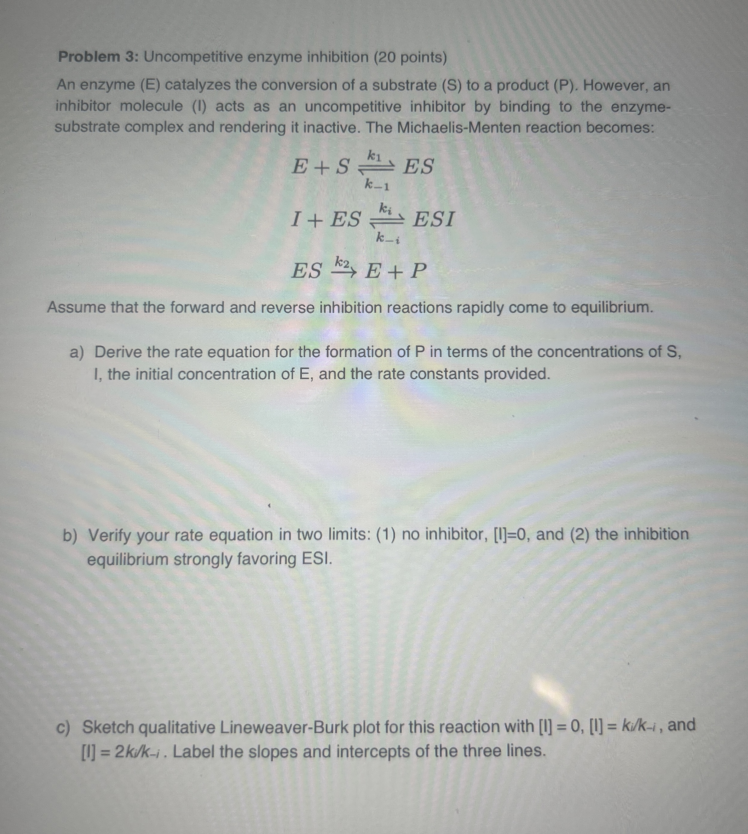 Solved Problem 3: Uncompetitive enzyme inhibition (20 | Chegg.com