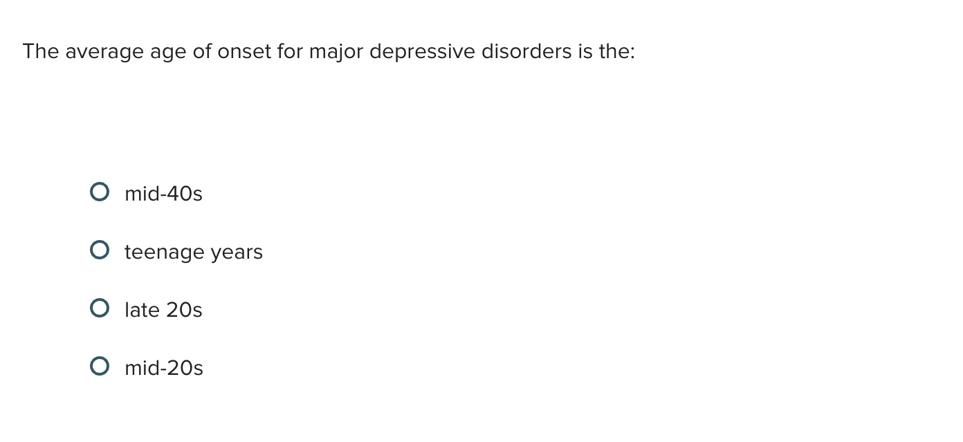 Solved The average age of onset for major depressive | Chegg.com