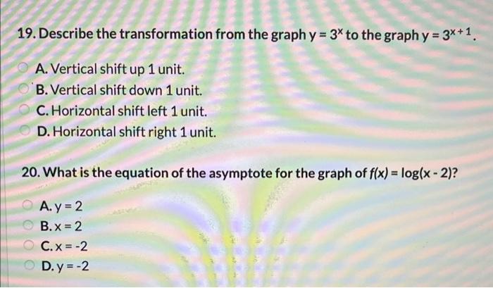 Solved 19. Describe the transformation from the graph y=3x | Chegg.com