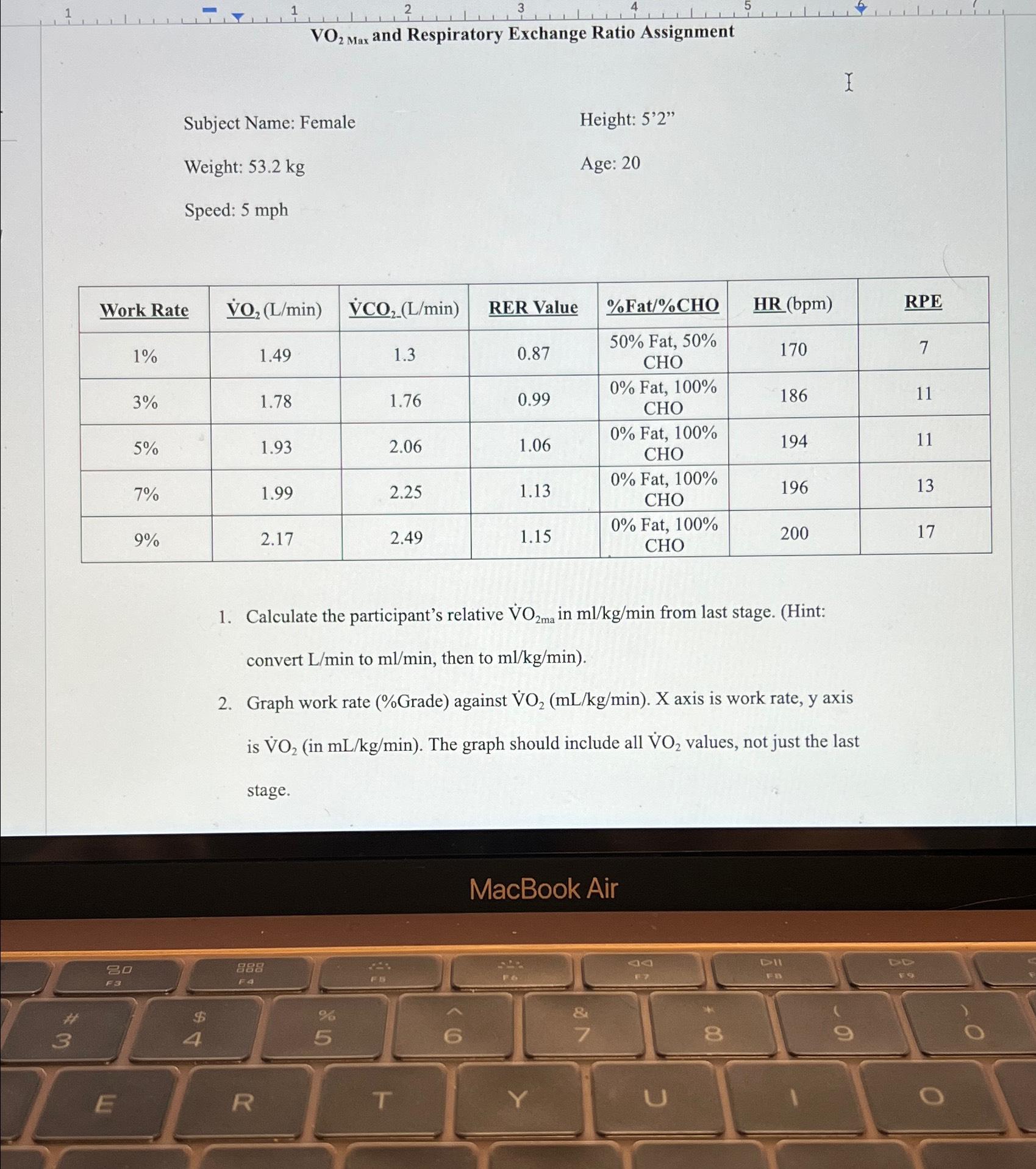 Solved VO2Max ﻿and Respiratory Exchange Ratio | Chegg.com