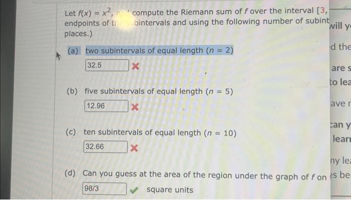 Solved Let f(x)=x2, compute the Riemann sum of f over the | Chegg.com