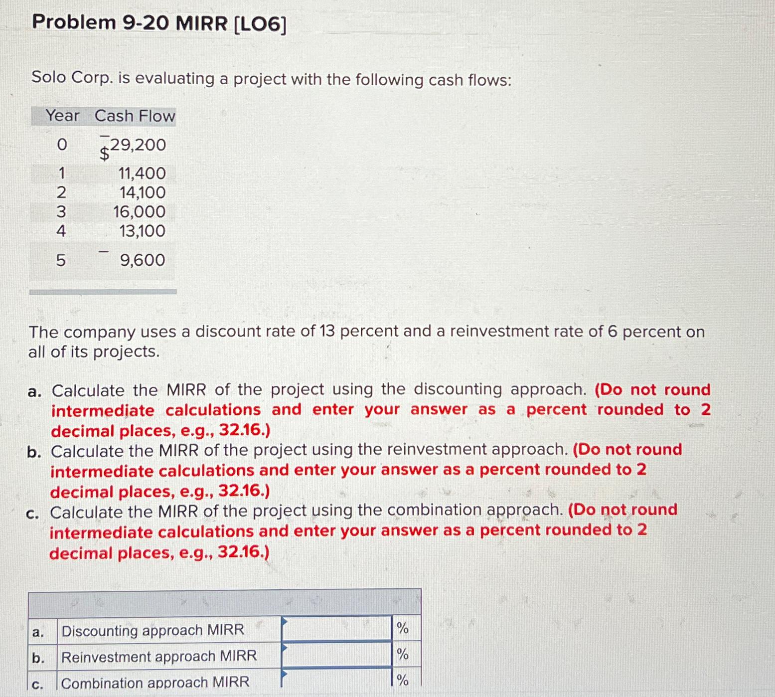 Solved Problem 9-20 ﻿MIRR [LO6]Solo Corp. is evaluating a | Chegg.com