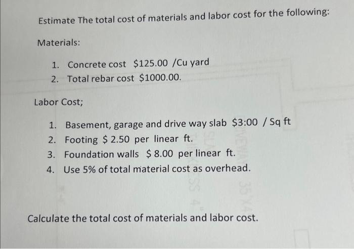 Estimate The total cost of materials and labor cost | Chegg.com