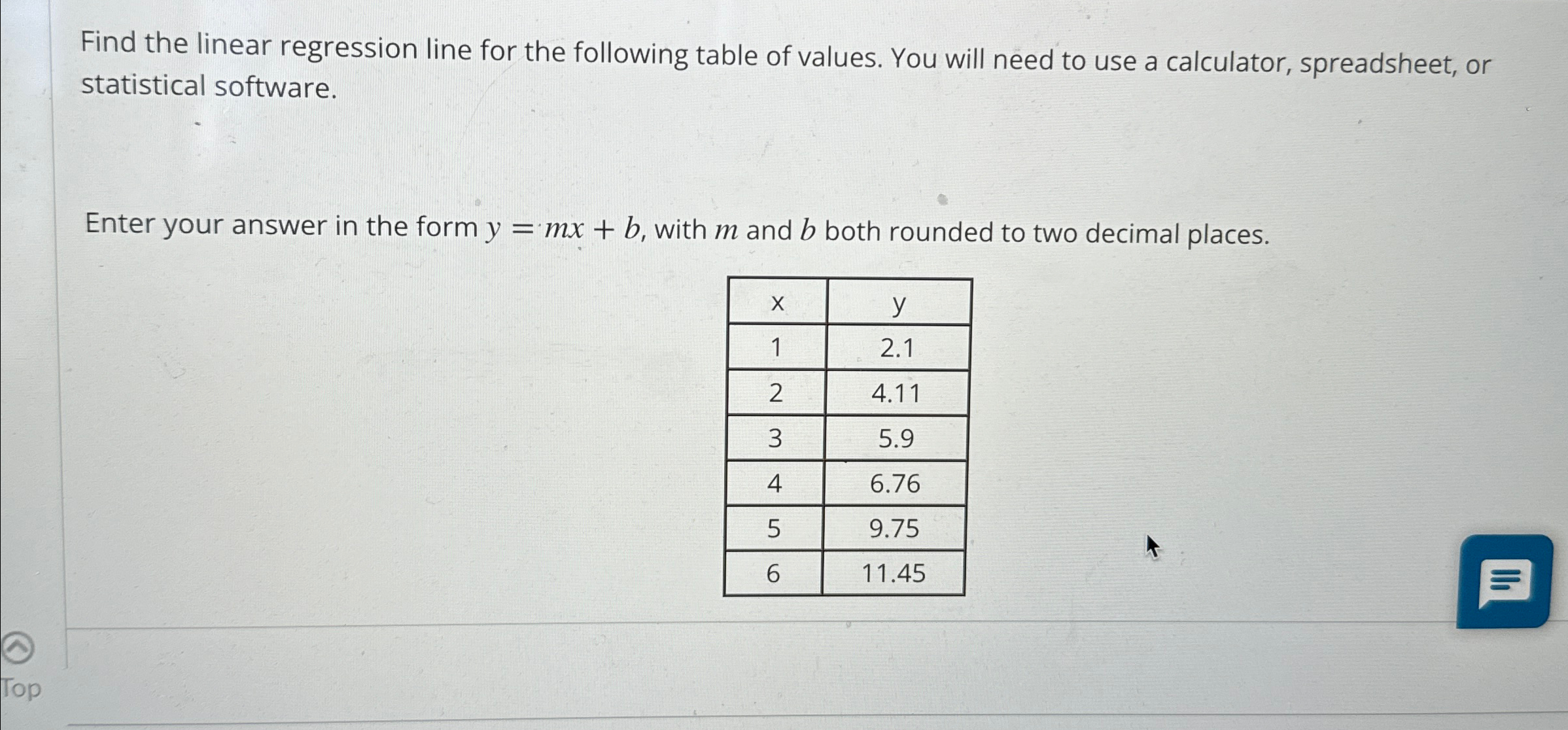 Solved Find the linear regression line for the following | Chegg.com