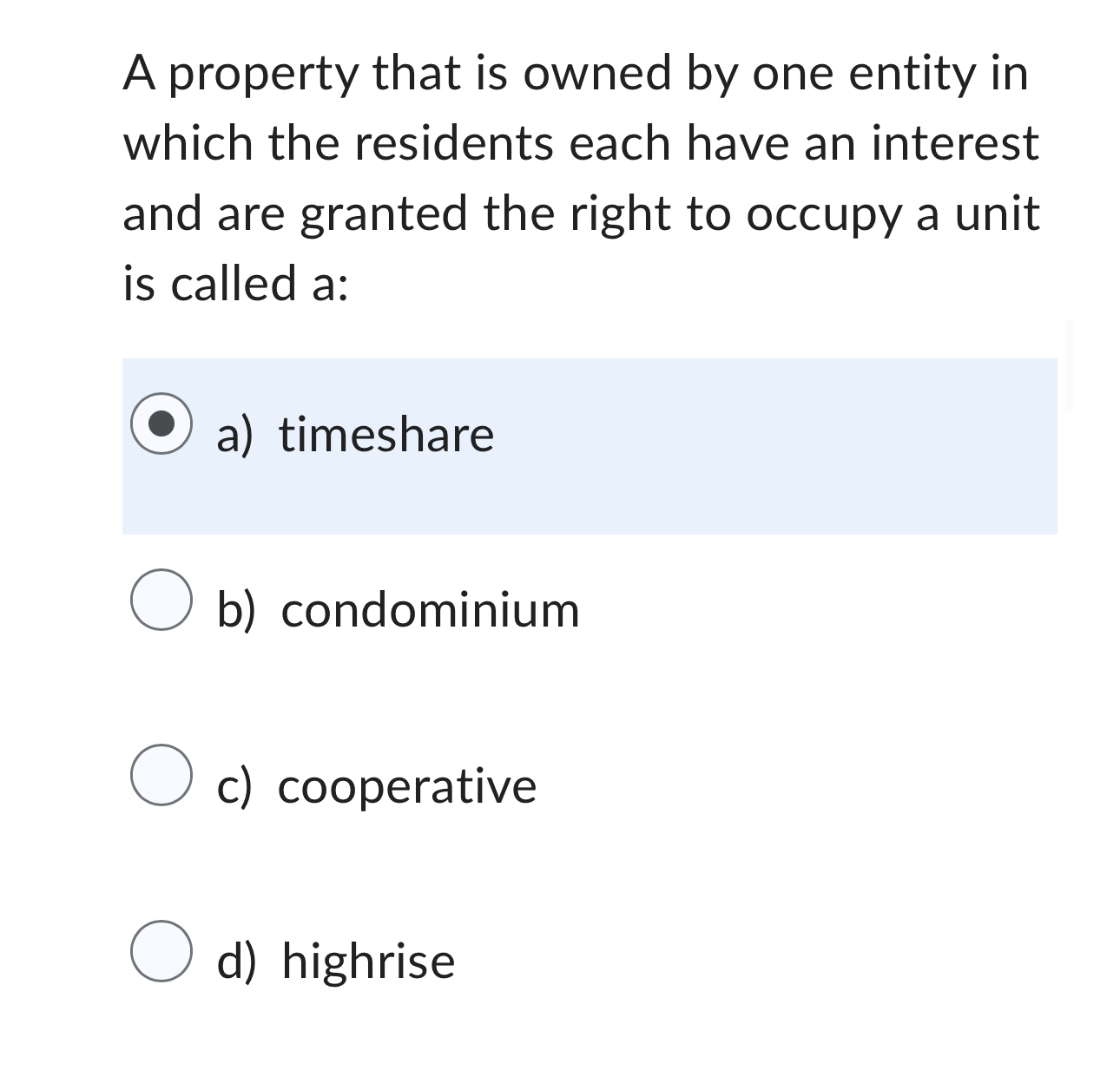 Solved A property that is owned by one entity in which the | Chegg.com