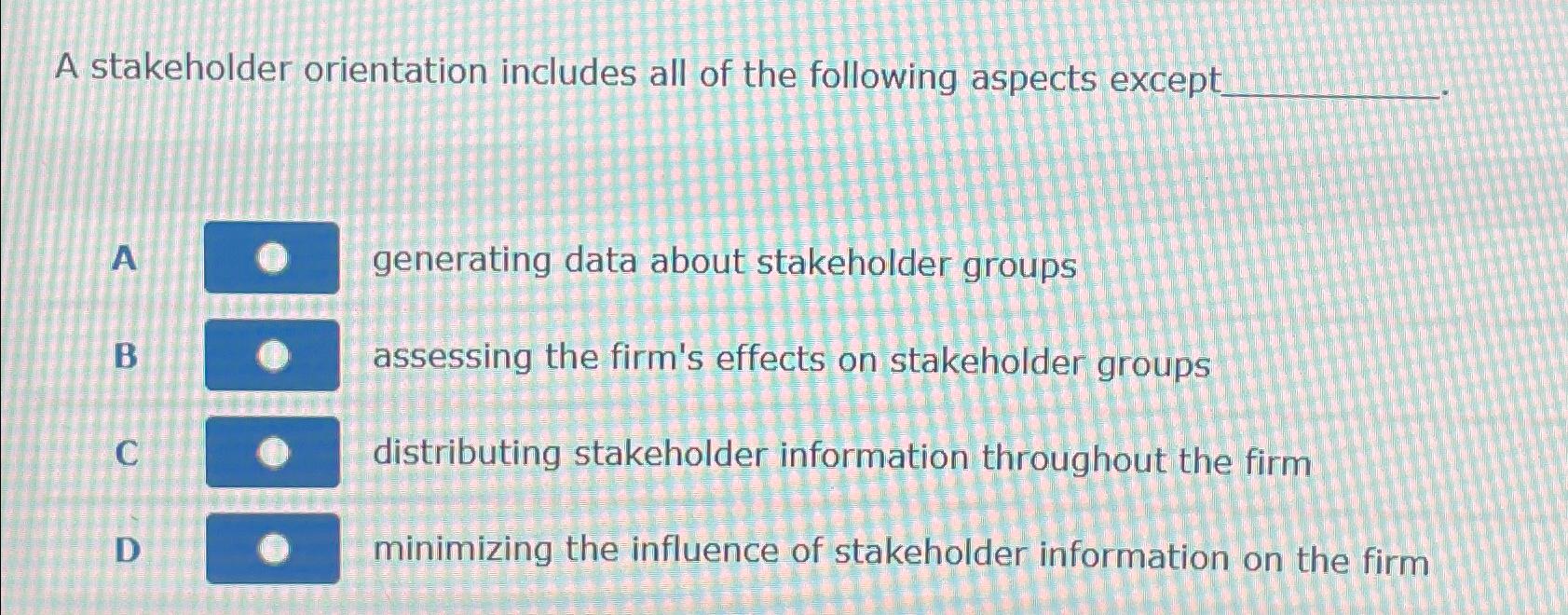 Solved A stakeholder orientation includes all of the | Chegg.com
