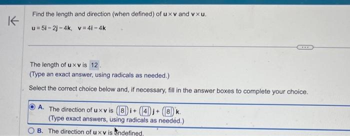 Solved Find the length and direction (when defined) of u×v | Chegg.com