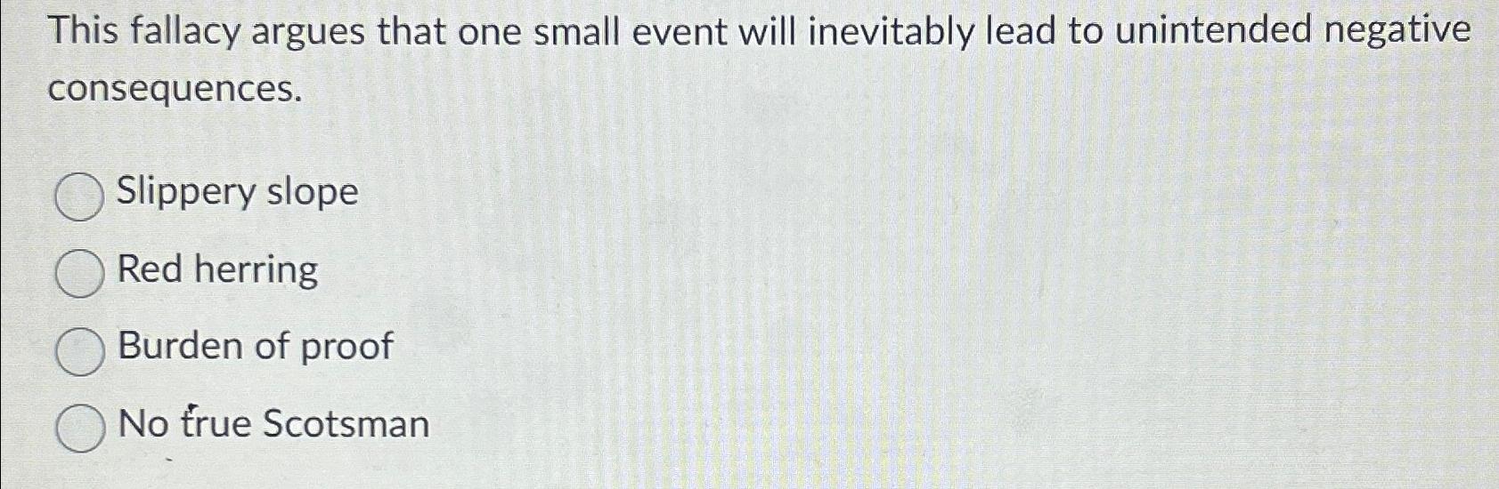 Solved This fallacy argues that one small event will | Chegg.com