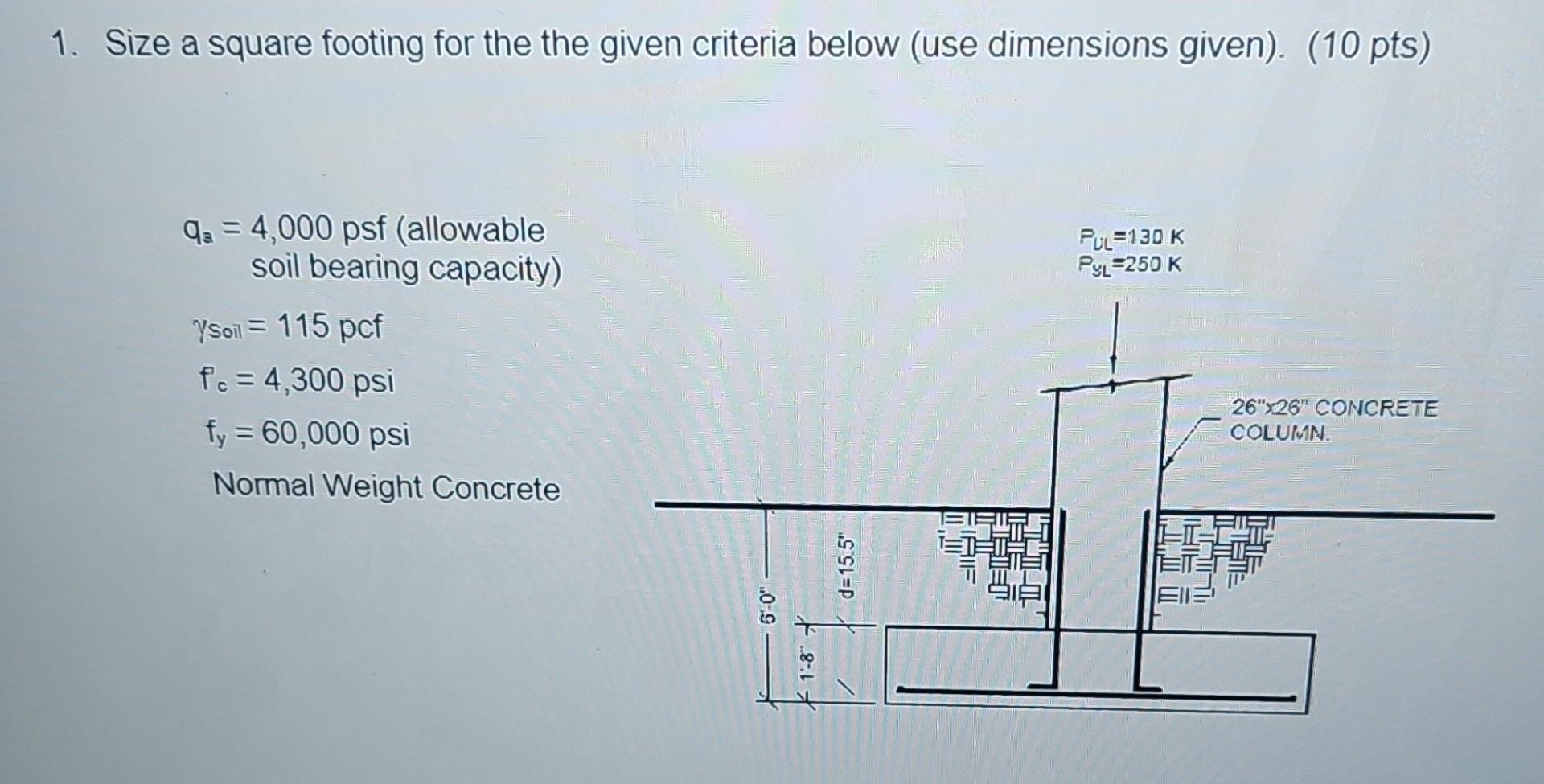 Solved 1. Size a square footing for the the given criteria | Chegg.com