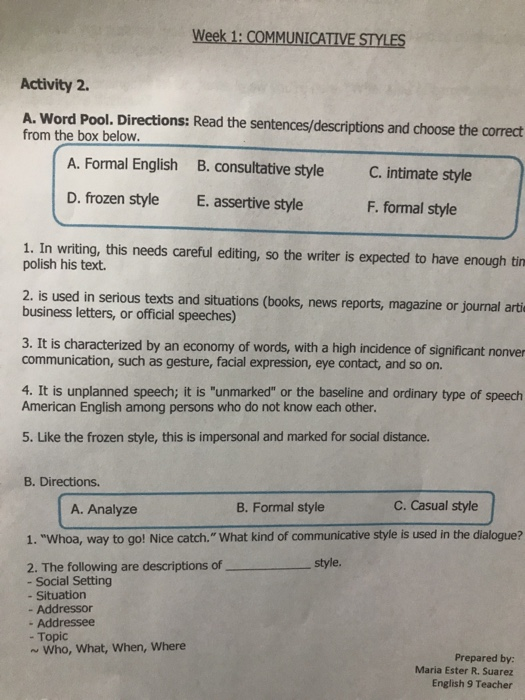 Week 1 COMMUNICATIVE STYLES Activity 2 A Word Chegg