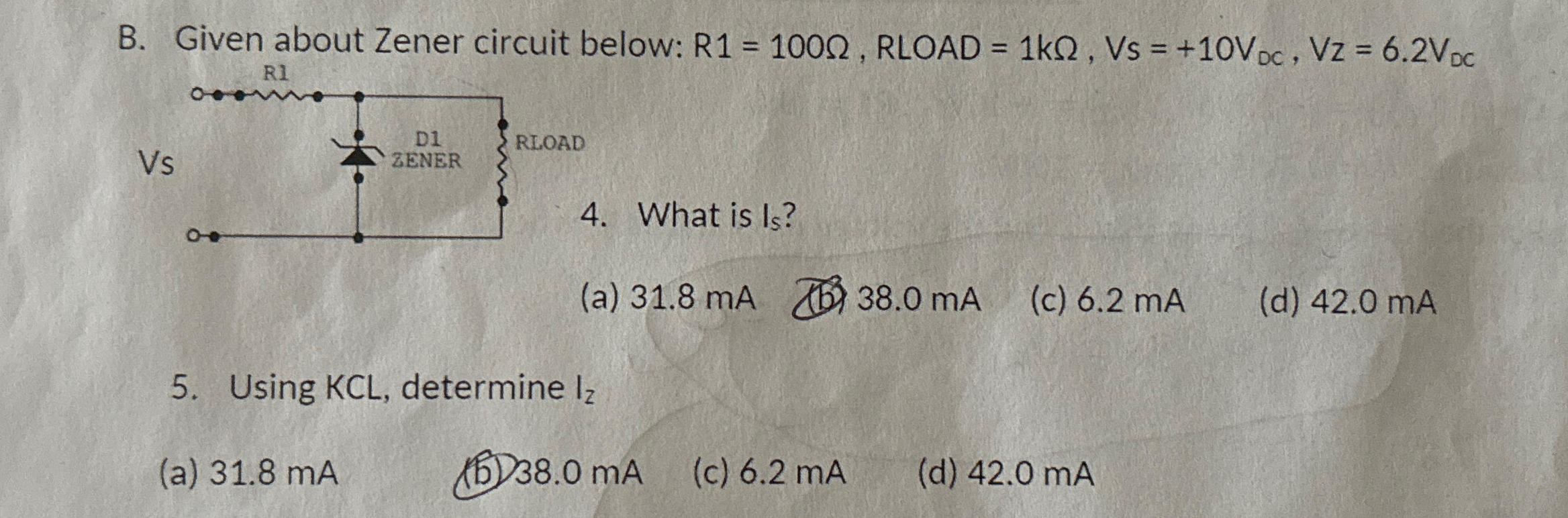 Solved B. ﻿Given about Zener circuit below: | Chegg.com