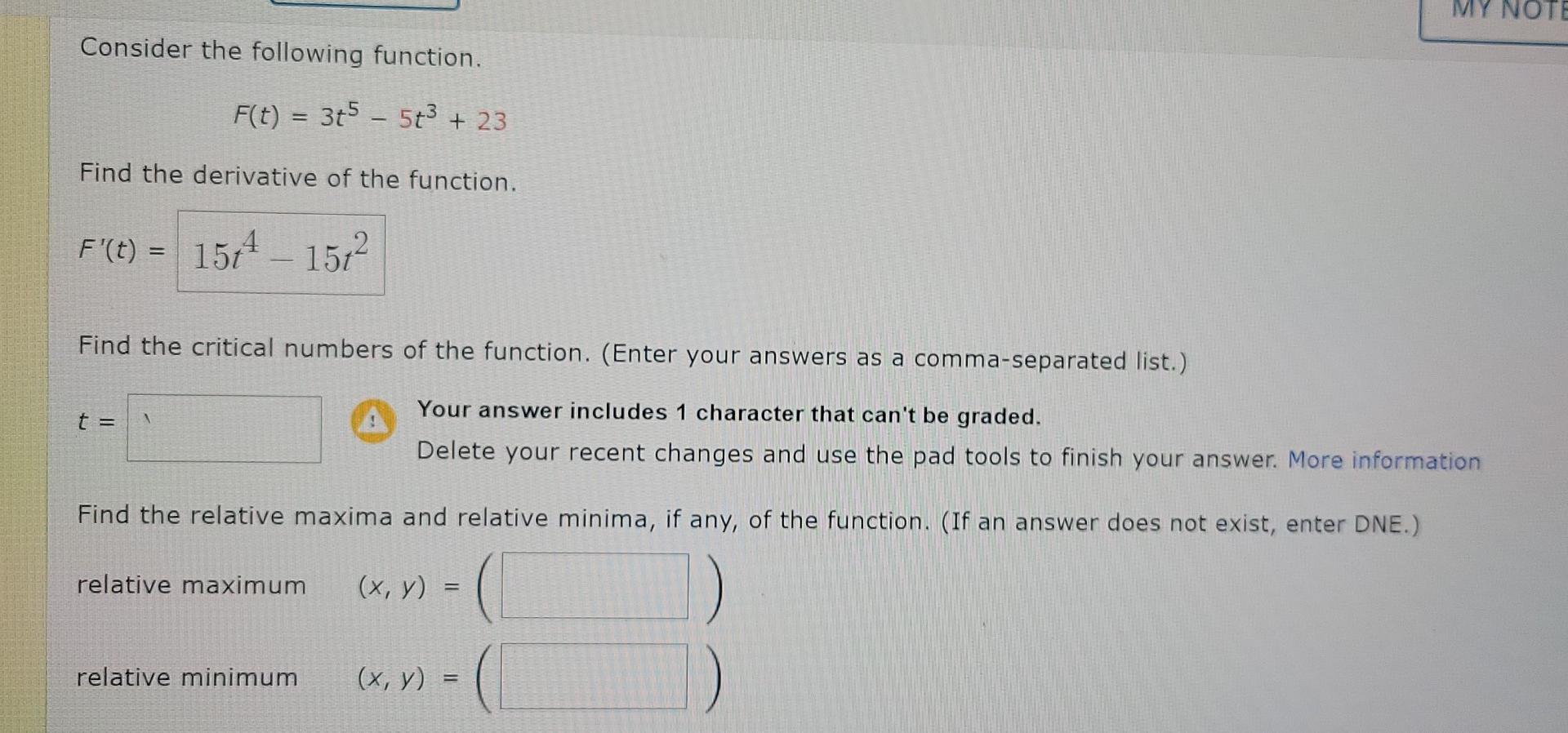 Solved MY NOTE Consider the following function. F(t) = 3t5 - | Chegg.com