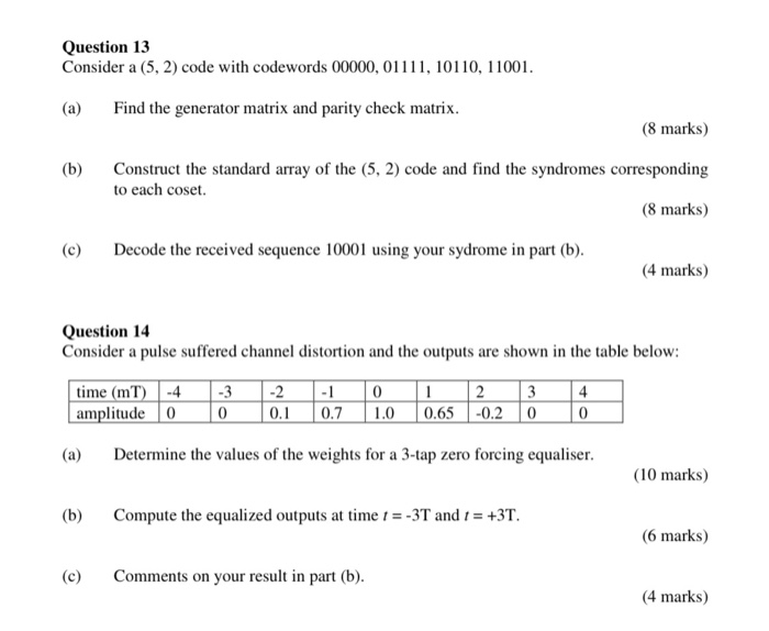 Question 13 Consider a (5,2) code with codewords | Chegg.com