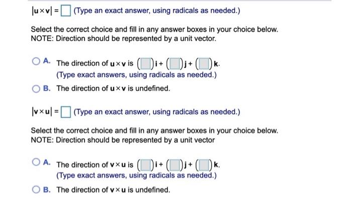 Solved Find the length and direction (when defined) of uxv | Chegg.com