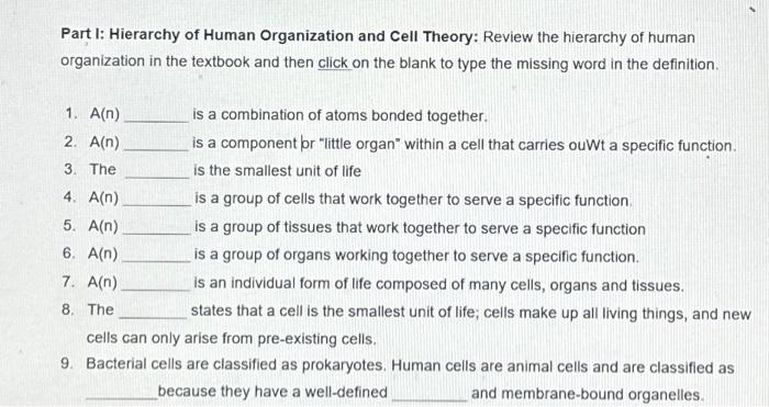 Solved Part 1: Hierarchy of Human Organization and Cell | Chegg.com