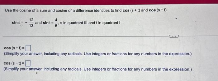 Solved Use the cosine of a sum and cosine of a difference | Chegg.com
