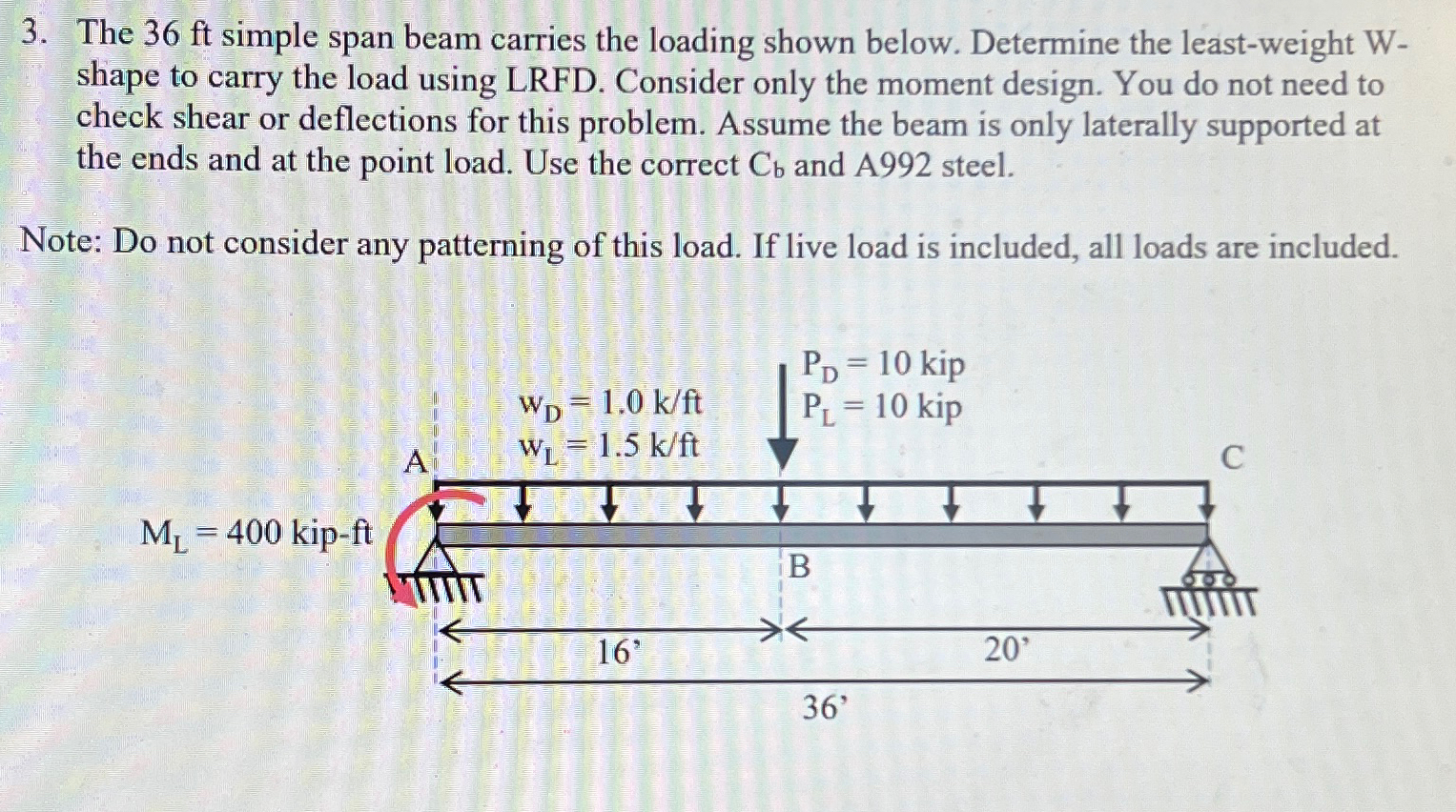 Solved The 36ft ﻿simple span beam carries the loading shown | Chegg.com