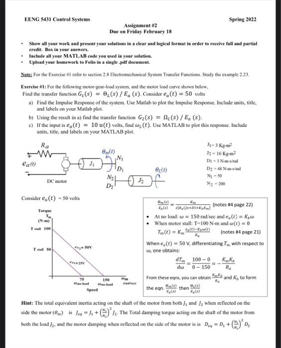 Solved EENG 5431 Control Systems Spring 2022 Assignment #2 | Chegg.com