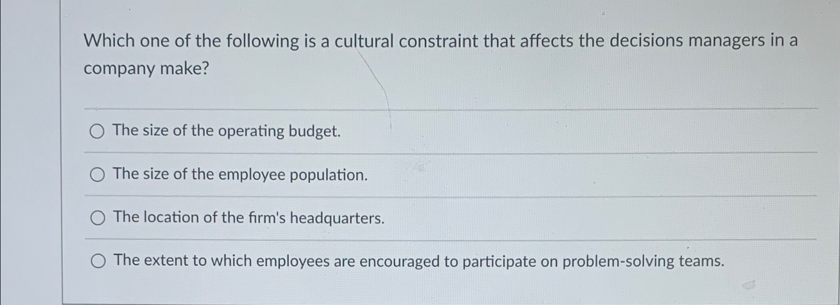 Solved Which one of the following is a cultural constraint | Chegg.com