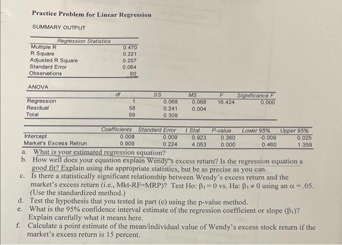 Practice Problem for Linear Regression SUMMARY OUTPUT | Chegg.com
