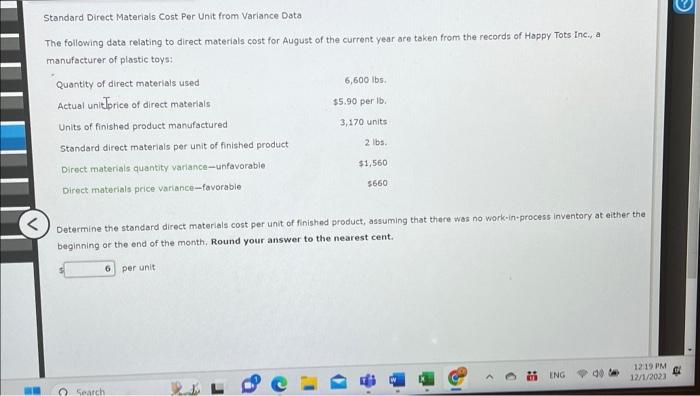 Standard Direct Materials Cost Per Unit from Variance | Chegg.com