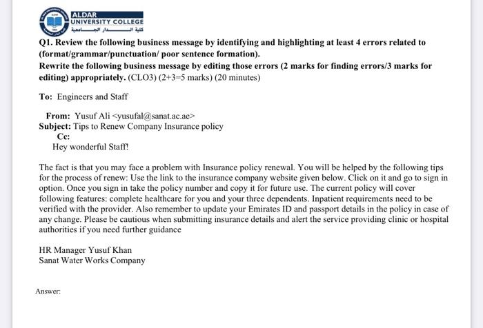 ALDAR UNIVERSITY COLLEGE كلية الدار الجامعية Q1. | Chegg.com