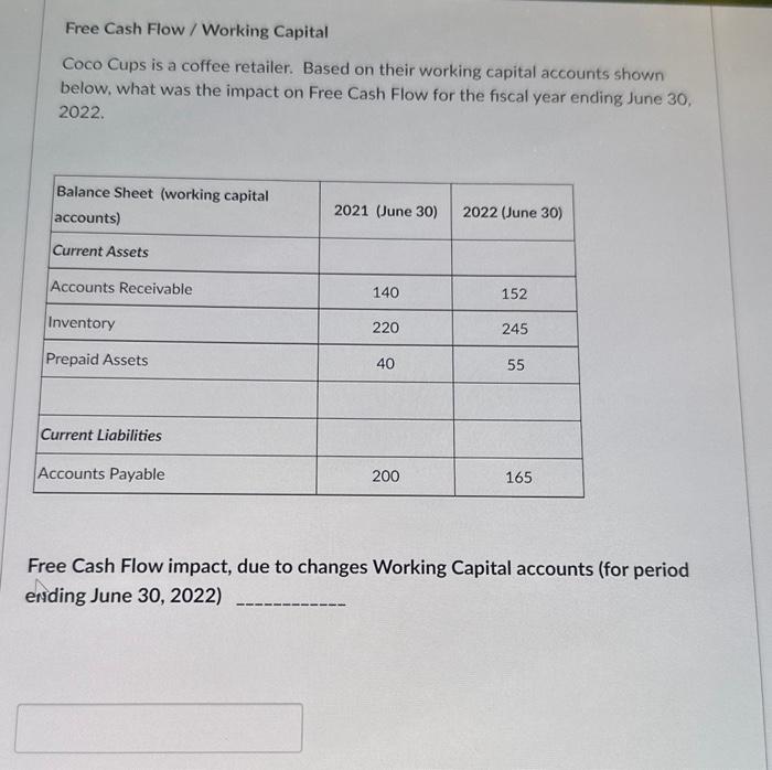 Solved Free Cash Flow / Working Capital Coco Cups is a | Chegg.com