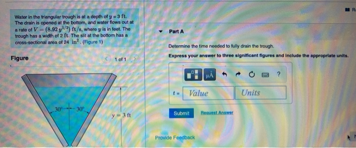 Solved R Water in the triangular trough is at a depth of y = | Chegg.com