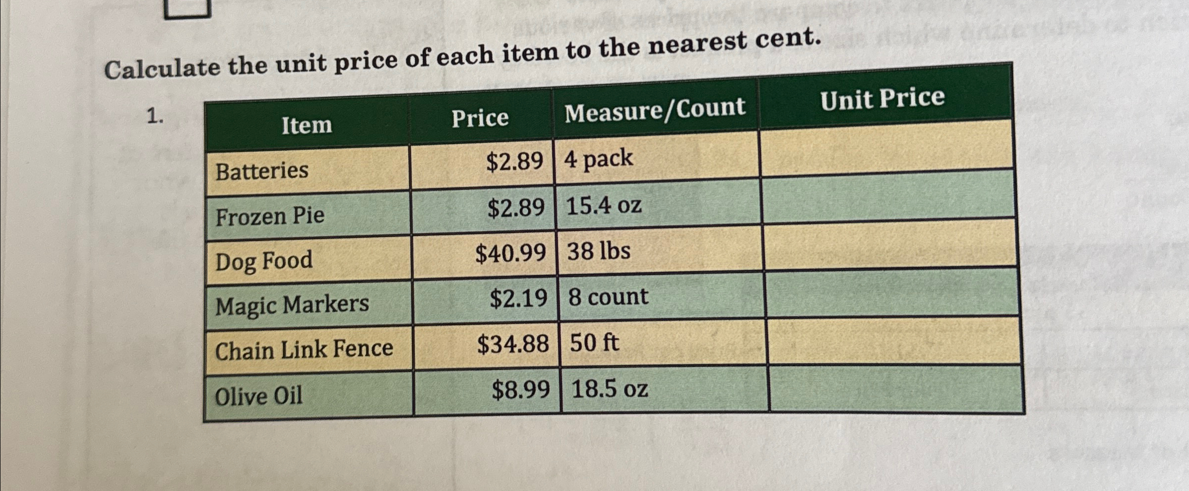 Solved Calculate the unit price of each item to the nearest | Chegg.com