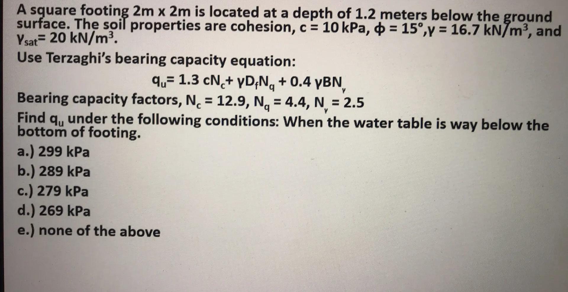 Solved V = V A square footing 2m x 2m is located at a depth | Chegg.com