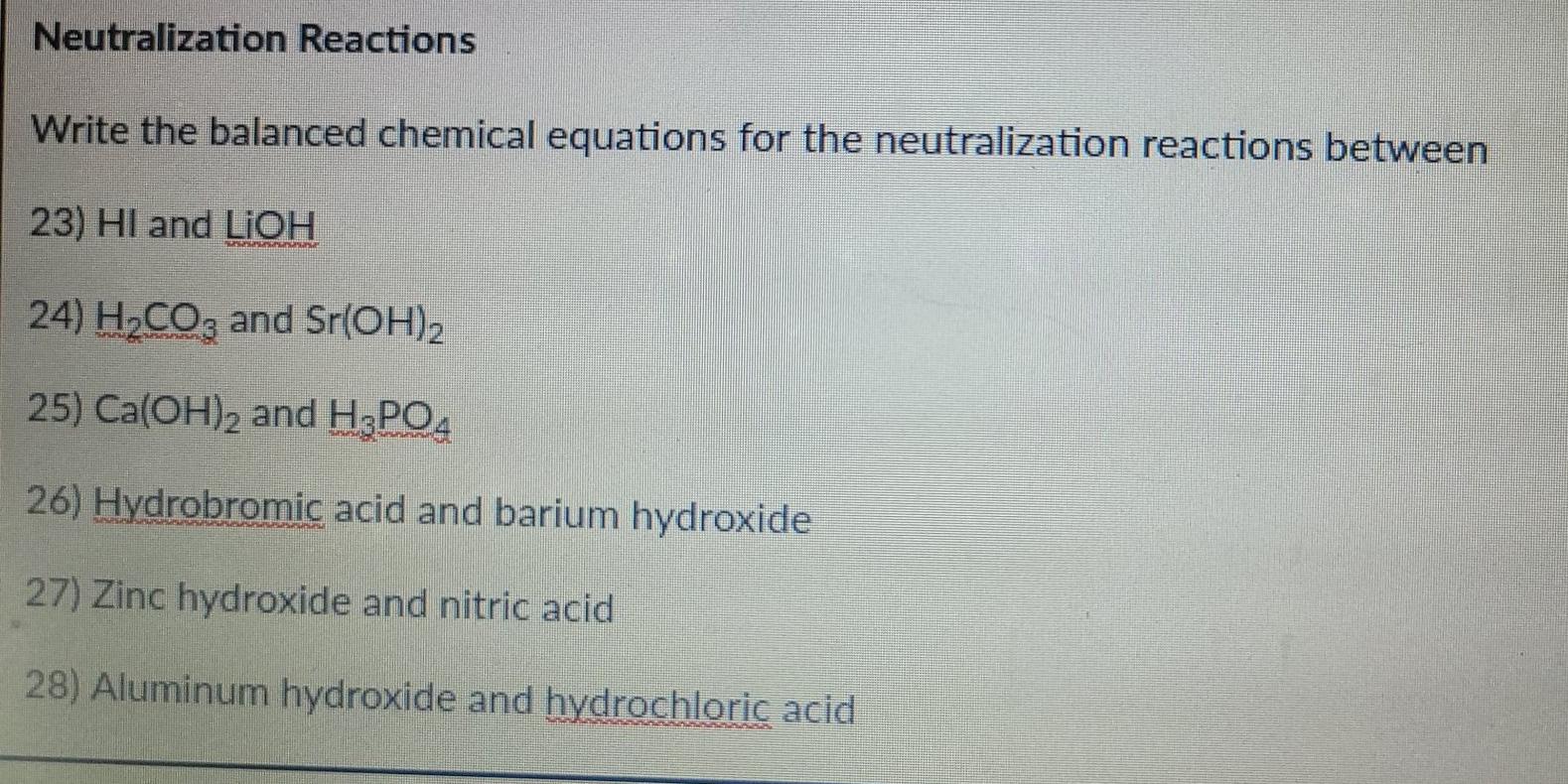Solved Neutralization Reactions Write the balanced chemical | Chegg.com