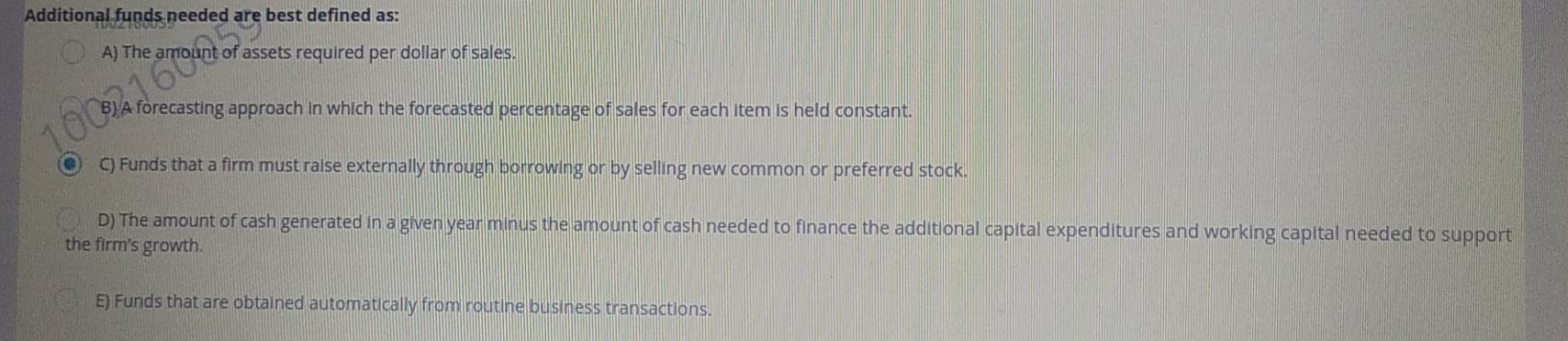 Solved Additional funds needed are best defined as: A) The | Chegg.com