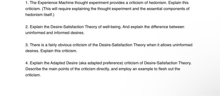 1. The Experience Machine thought experiment provides | Chegg.com