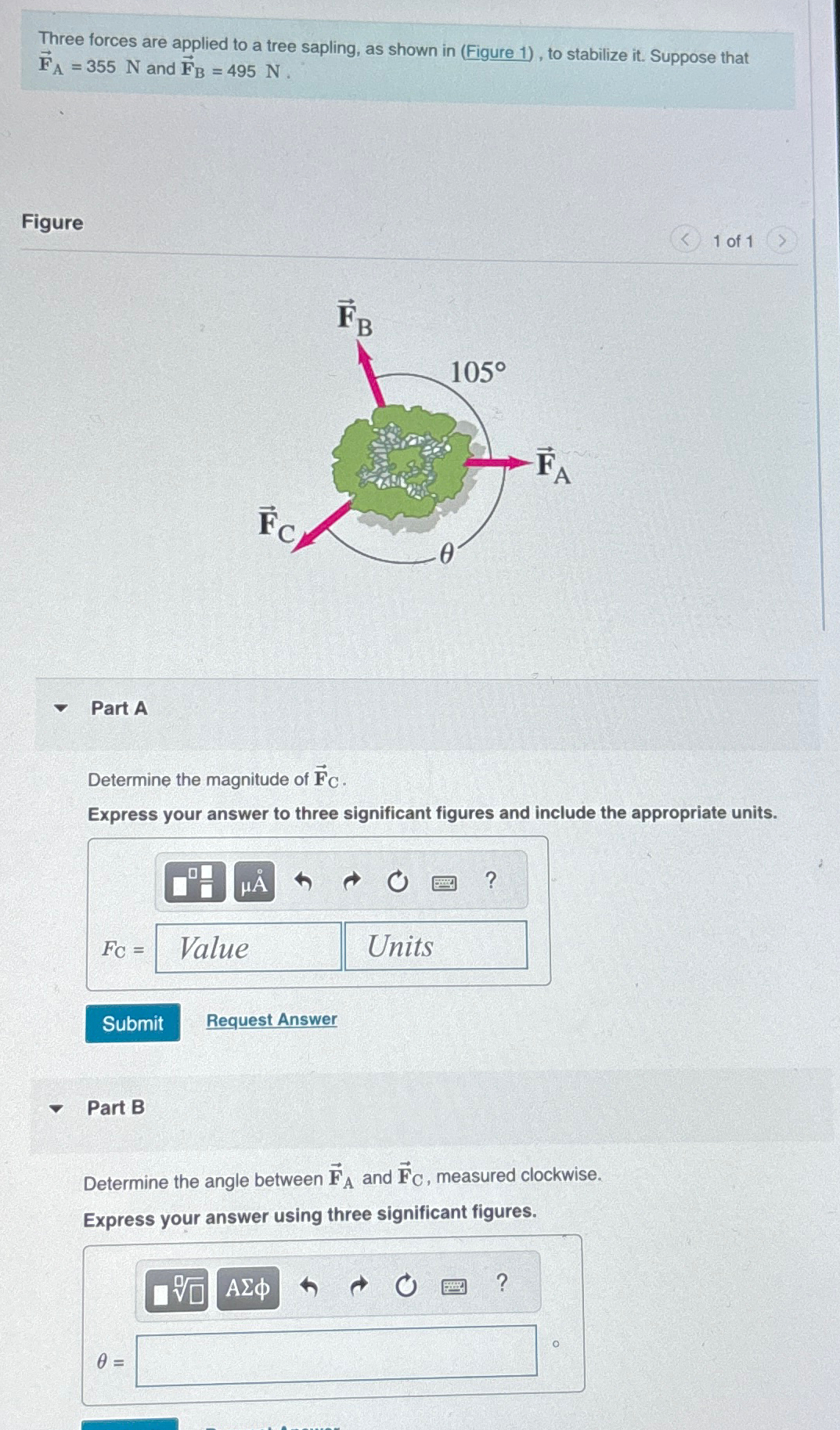 Solved Three forces are applied to a tree sapling, as shown | Chegg.com
