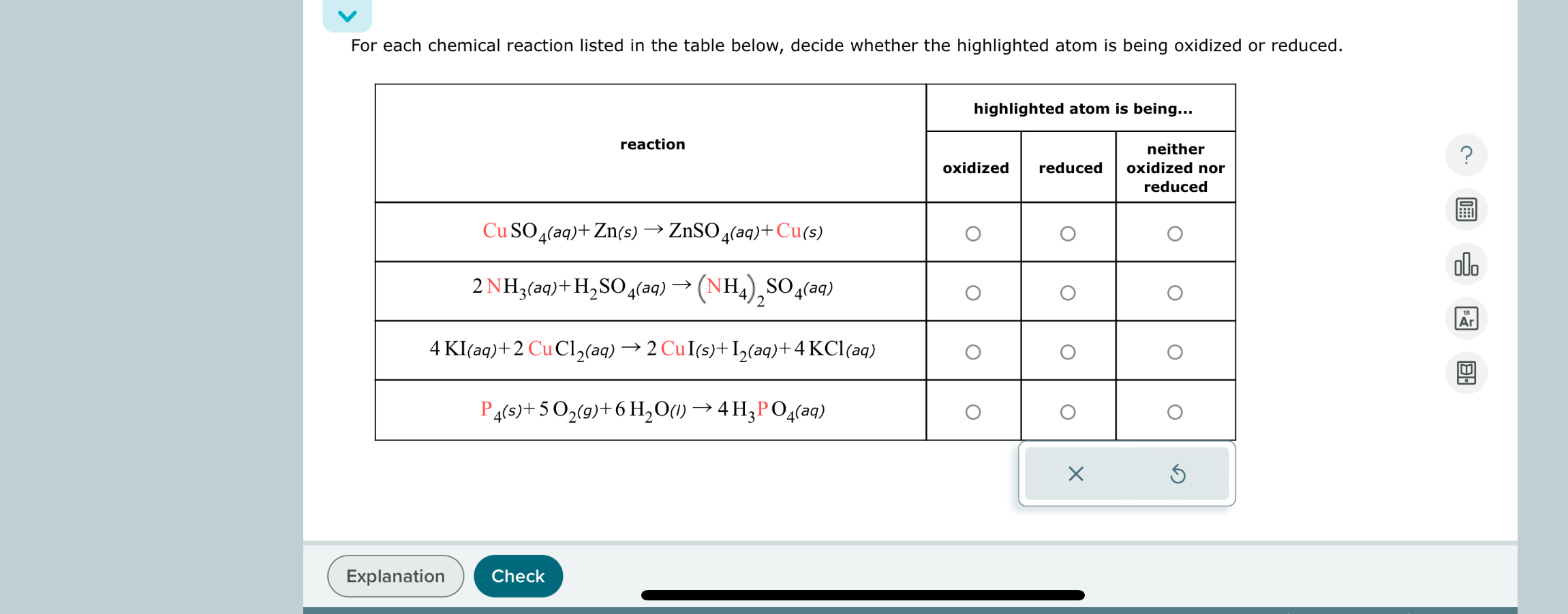 Solved For each chemical reaction listed in the table below, | Chegg.com