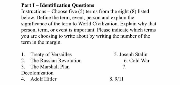 Part I - Identification Questions Instructions - | Chegg.com