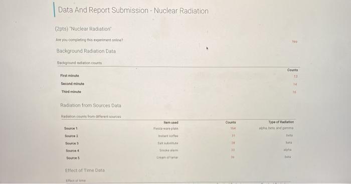 Data And Report Submission - Nuclear Radiation (2pts) | Chegg.com