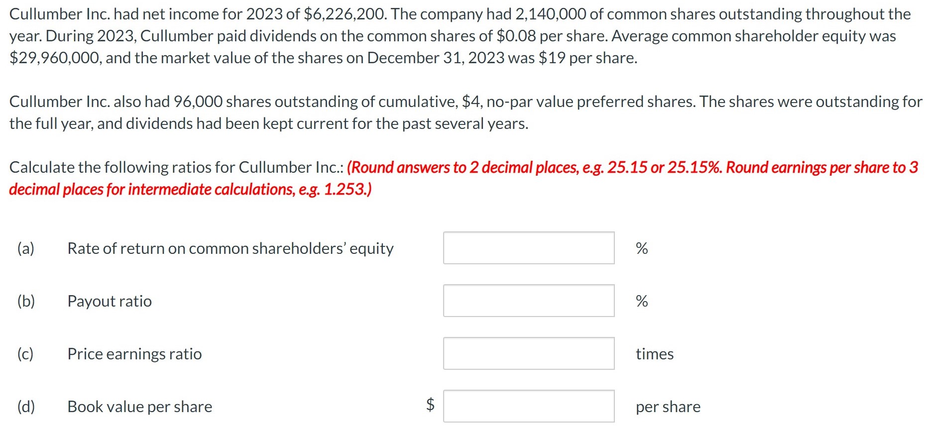 Solved Cullumber Inc. had net income for 2023 ﻿of | Chegg.com