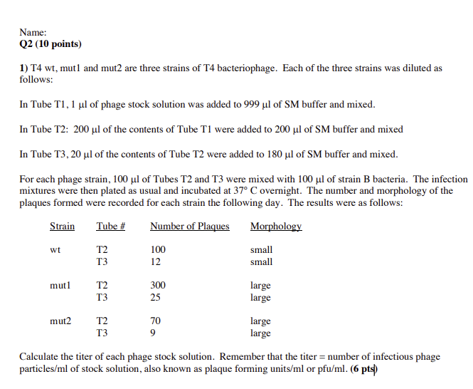Solved Name:Q2 (10 ﻿points)T4wt, ﻿mut 1 ﻿and mut 2 ﻿are | Chegg.com
