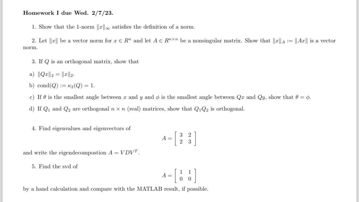 Solved Homework I due Wed. 2/7/23.Show that the 1-norm | Chegg.com