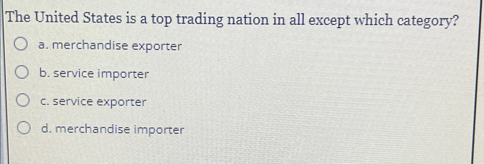 Solved The United States is a top trading nation in all | Chegg.com