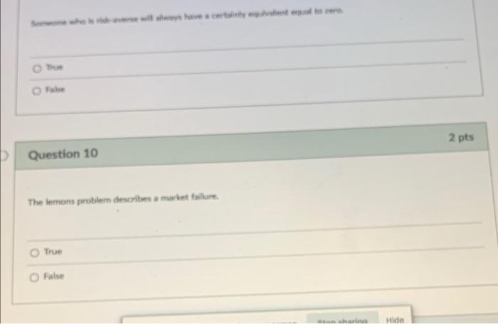 Solved 2 pts Question 10 The lemons problem describes a | Chegg.com