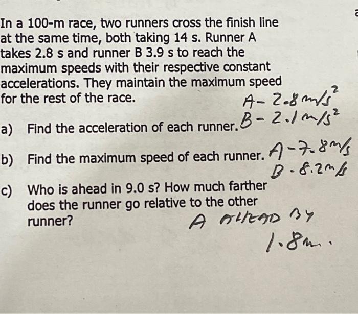 Solved In a 100−m race, two runners cross the finish line at | Chegg.com
