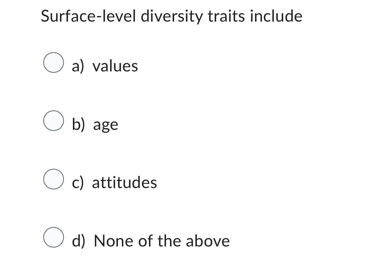 Solved Surface-level diversity traits includea) ﻿valuesb) | Chegg.com