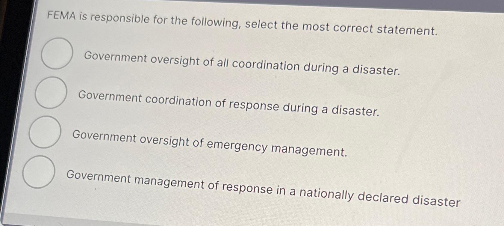 Solved FEMA is responsible for the following, select the | Chegg.com