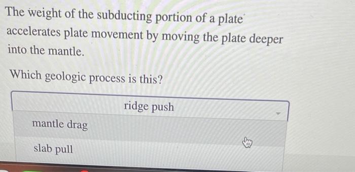 [Solved]: Identify each process as either mantle drag, ridg